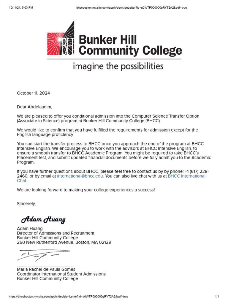 BHCC Conditional Admission Offer Letter | PDF | Career & Growth | Business