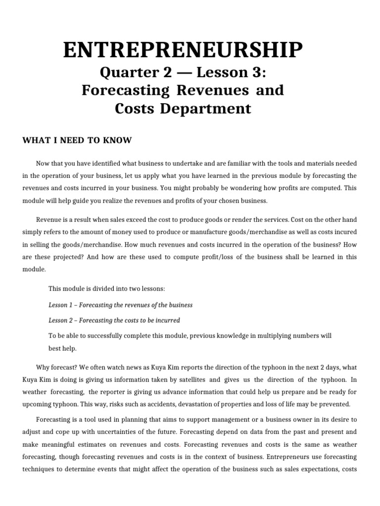 LM ENTREP Q2 34 ForecastingRevenuesAndCostsDepartment | PDF | Cost Of Goods Sold | Forecasting