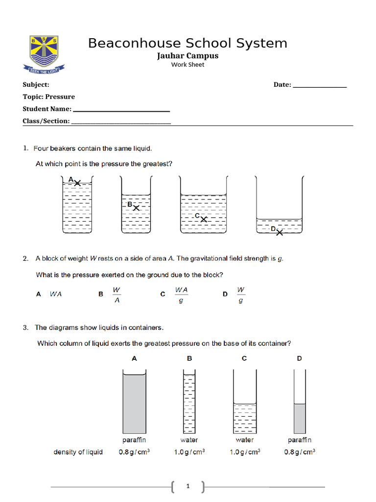 Pressure Worksheet 1 | PDF | Technology & Engineering