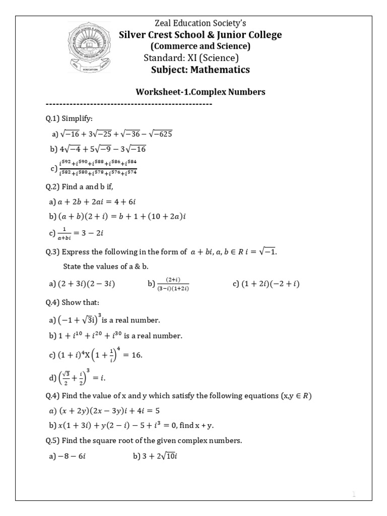 Worksheet - 1.complex Numbers | PDF | Complex Number | Mathematical Objects