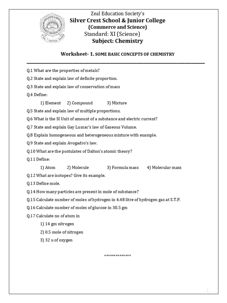 Worksheet - 1.basic Concepts of Chemistry | PDF | Teaching Methods ...