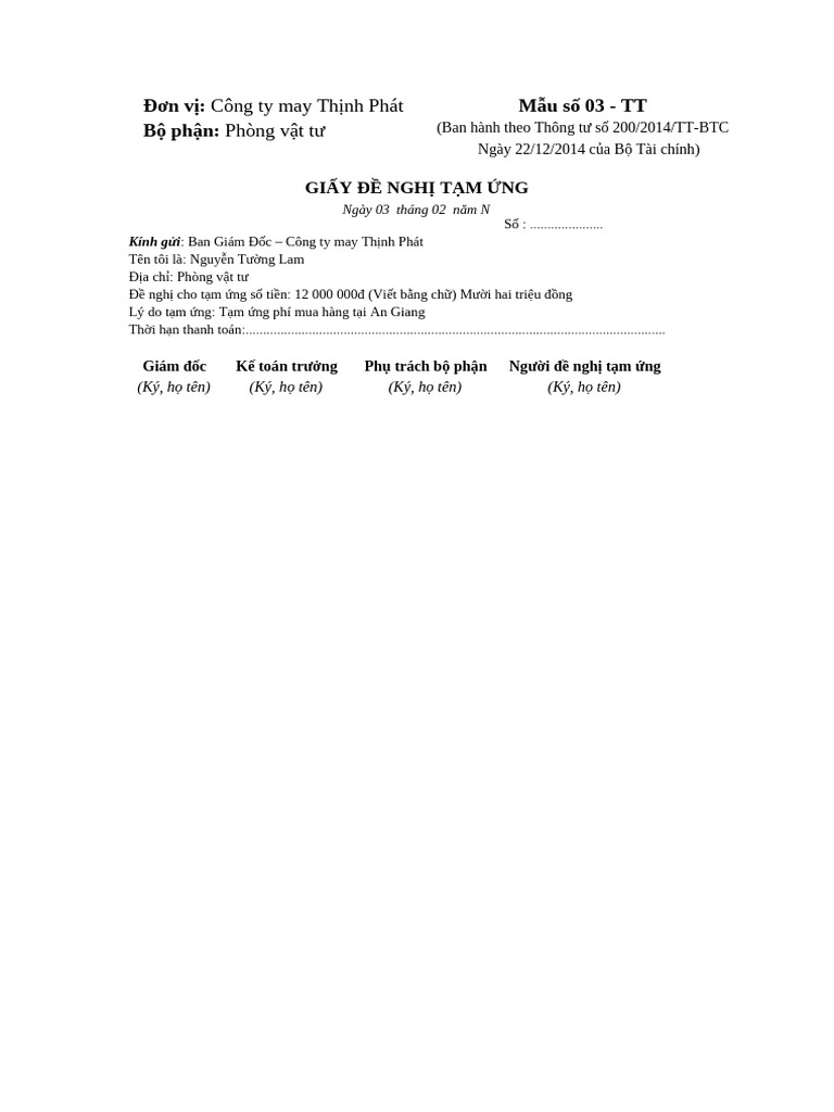 Giay de Nghi Tam Ung Thong Tu 200 | PDF