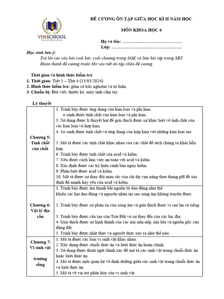 Đề Cương - GK2 - Khoa Học 6 | PDF