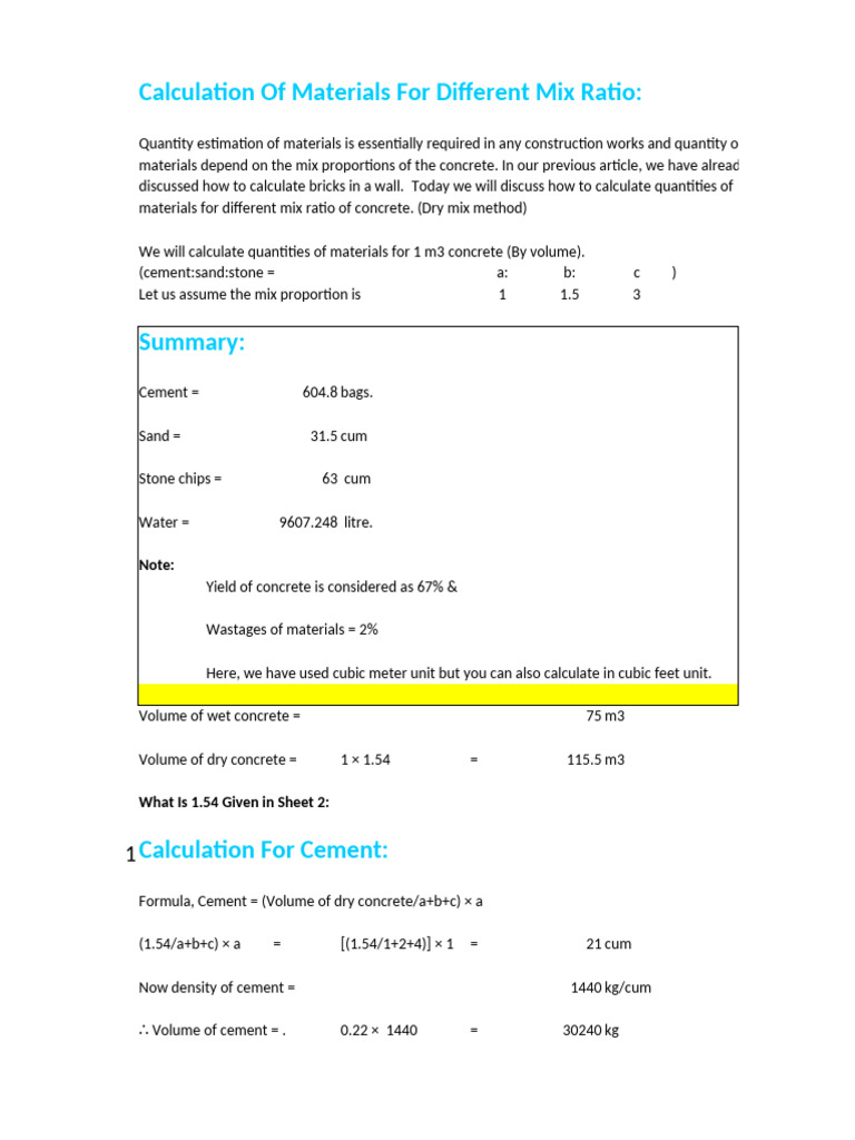 Calculate Quantities of Materials For Different Mix Ratio of Concrete ...