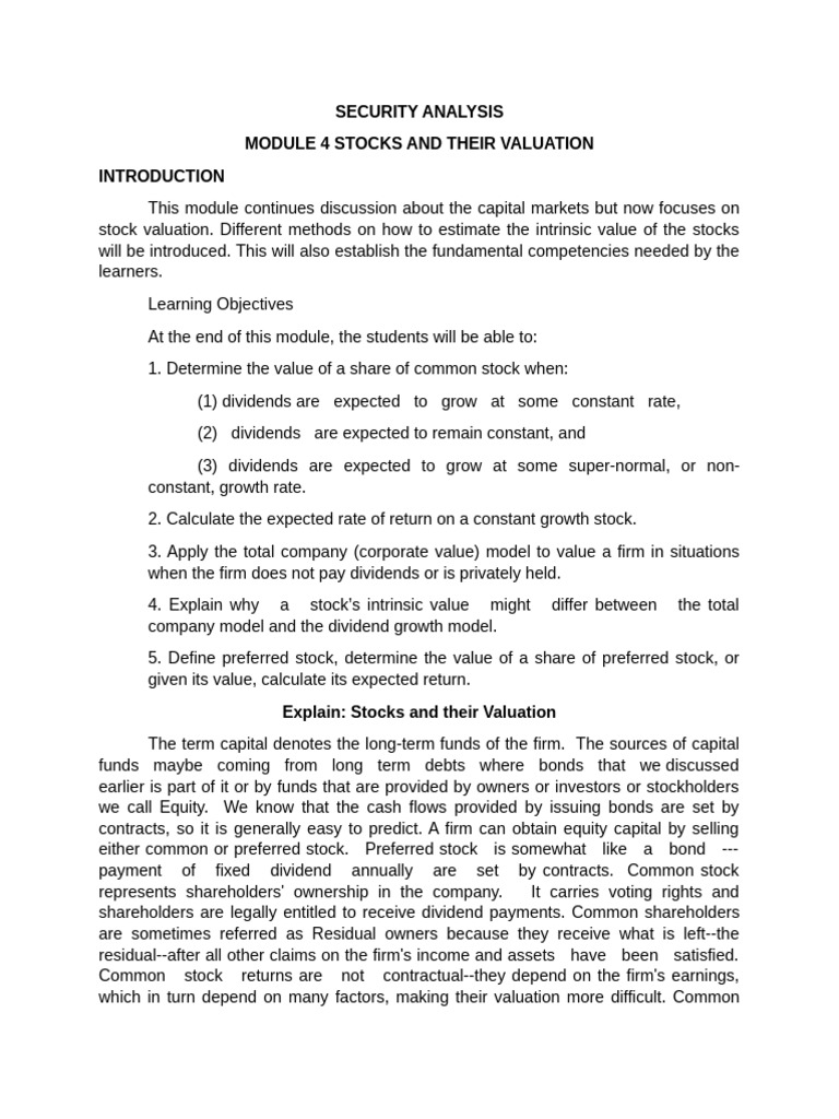 Module 4 Security Analysis | PDF | Stocks | Valuation (Finance)