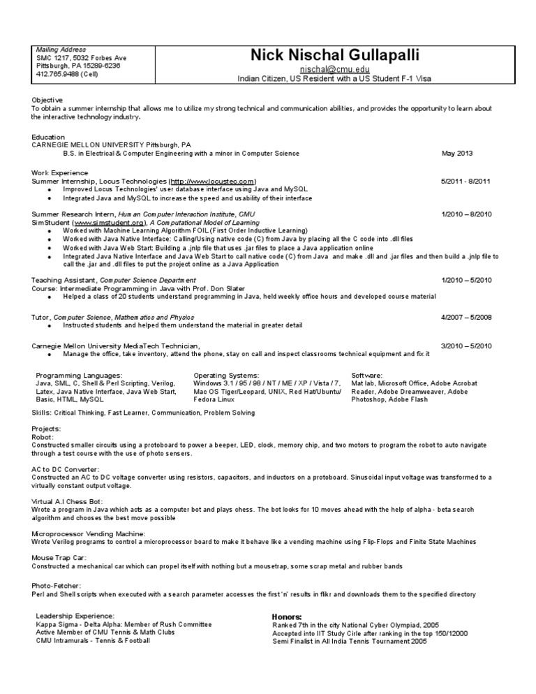 Resume | PDF | Carnegie Mellon University | Java (Programming Language)