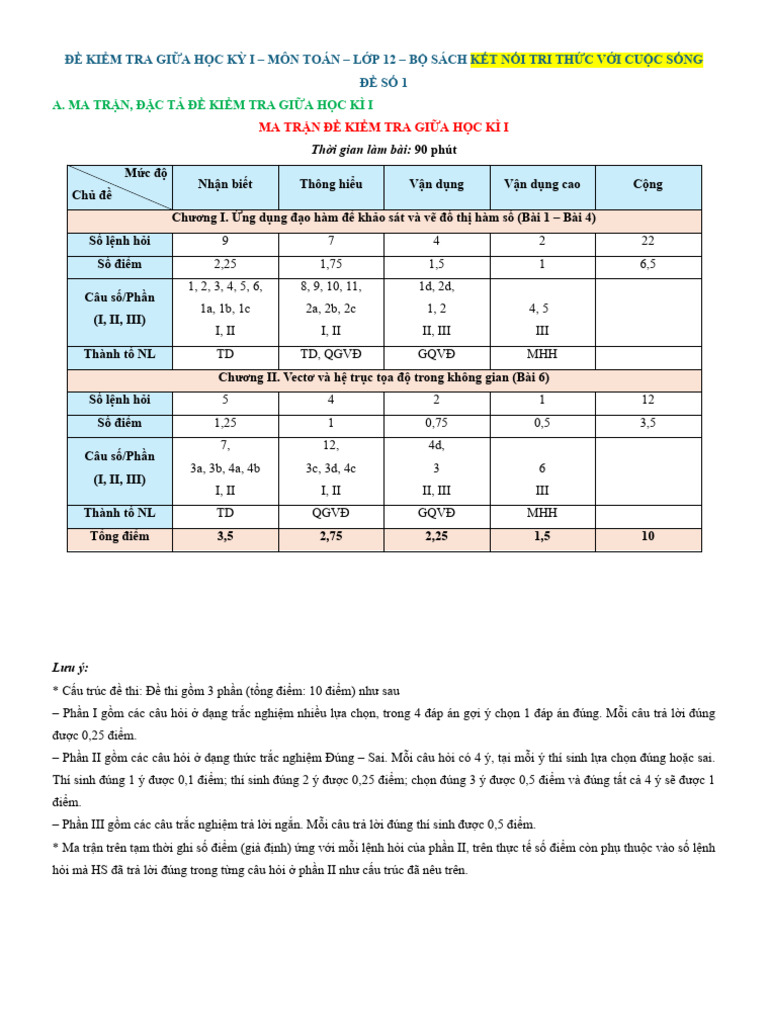 10 de Kiem Tra Giua Hoc Ky 1 Toan 12 Ket Noi Tri Thuc Voi Cuoc Song | PDF