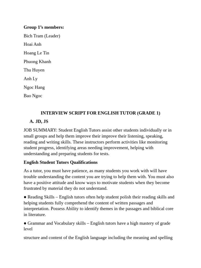 Group 1 - Interview Script | PDF | English Language | Educational ...