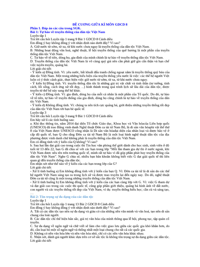 ĐỀ CUƠNG GIỮA KÌ MÔN GDCD 8 | PDF