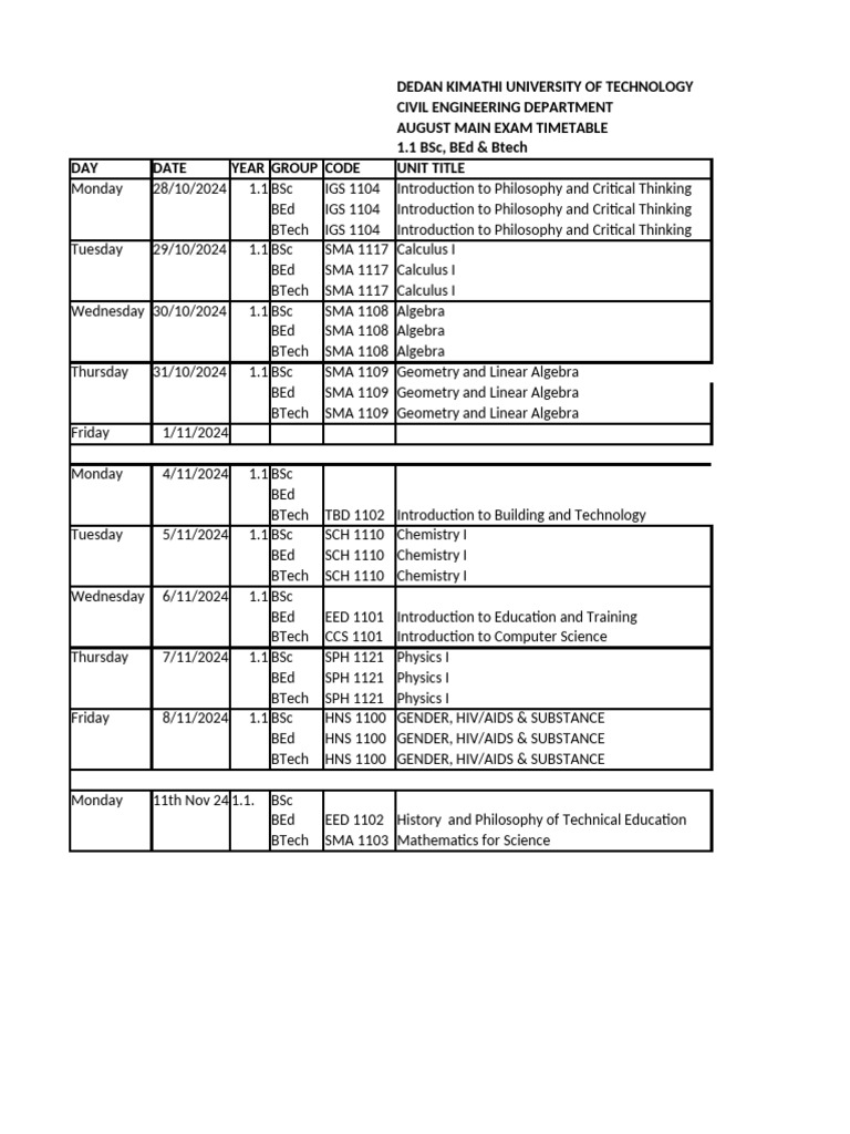 July - October Main Exam Timetable, 1.1 BSC, Bed & Btech Final Draft-1 ...