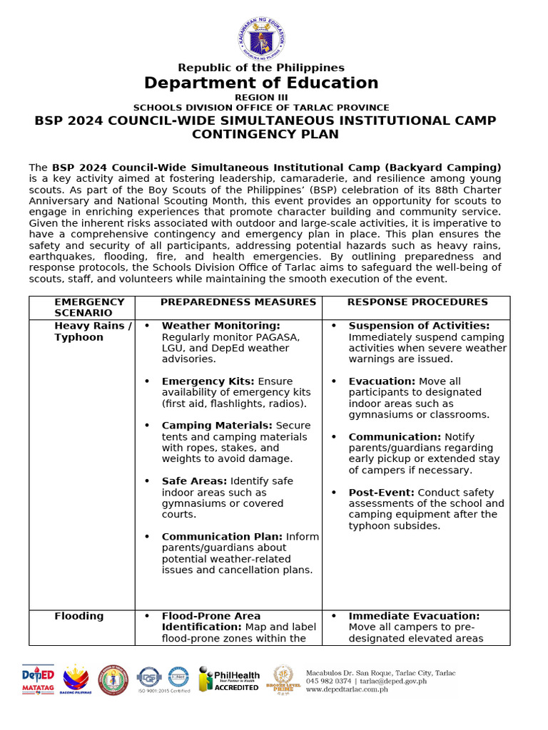 BSP 2024 Camping Contingency Plan | PDF | Emergency Management ...