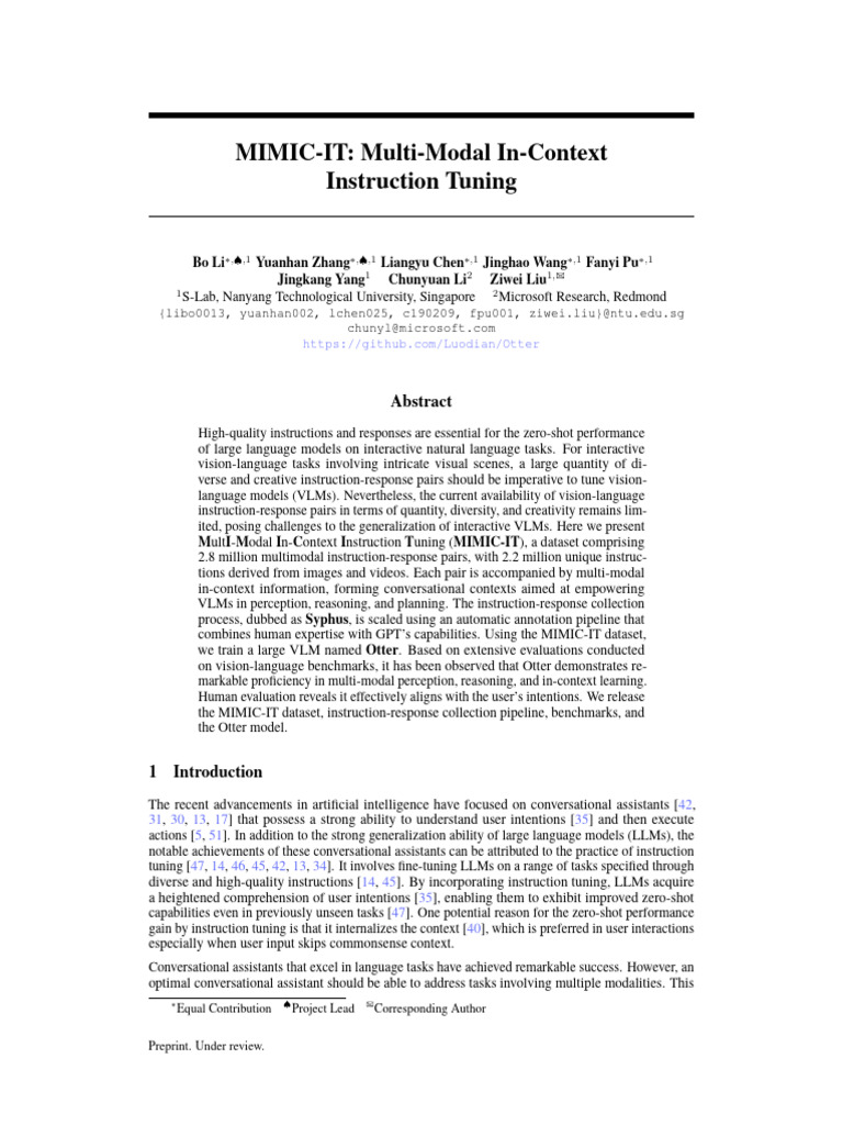 MIMIC-IT: Multi-Modal In-Context Instruction Tuning | PDF | Cognition | Cognitive Science