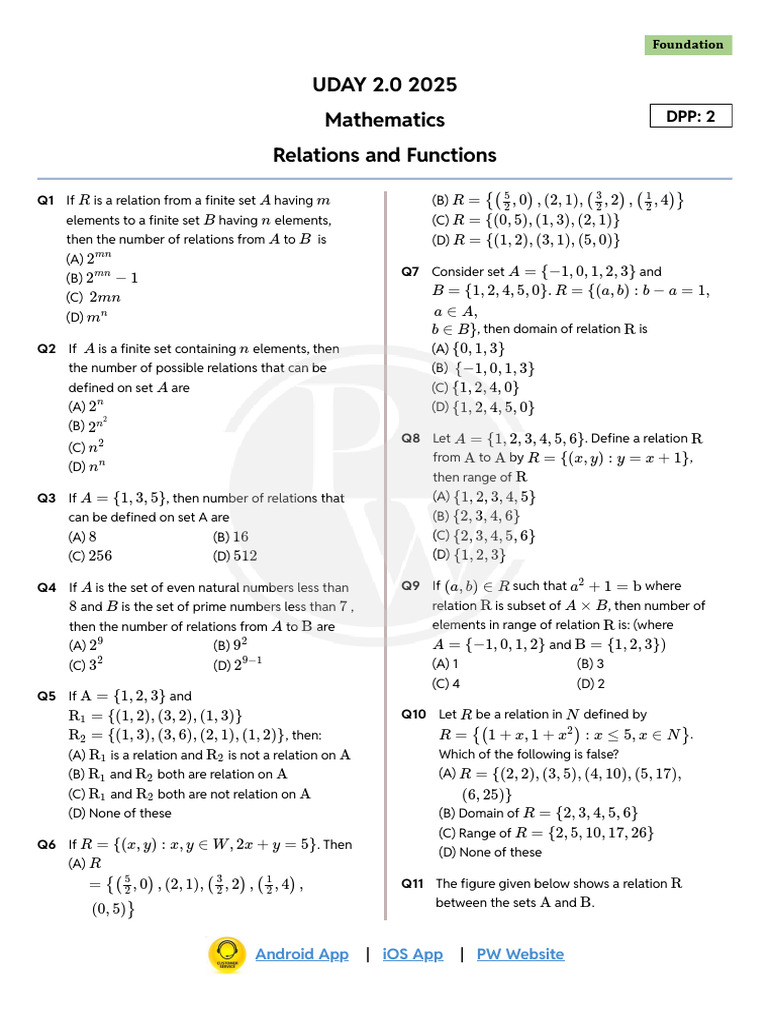 Relations and Functions - DPP 02 - Uday 2.0 2025 | PDF | Mathematics | Mathematical Logic