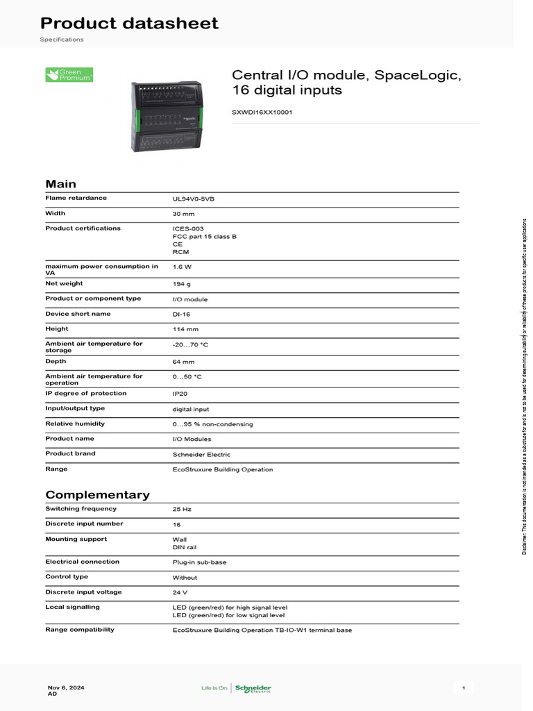Schneider Electric SpaceLogic Central I O Module SXWDI16XX10001 | PDF | Computer Engineering ...
