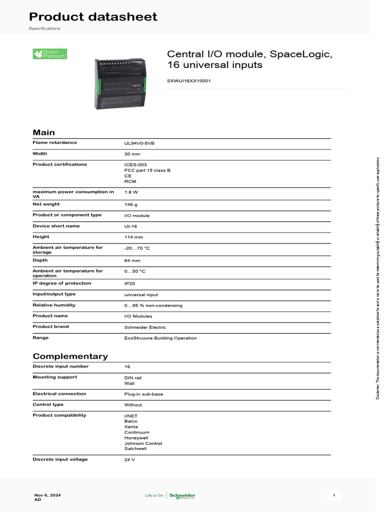 Schneider Electric - SpaceLogic-Central-I-O-Module - SXWUI16XX10001 ...