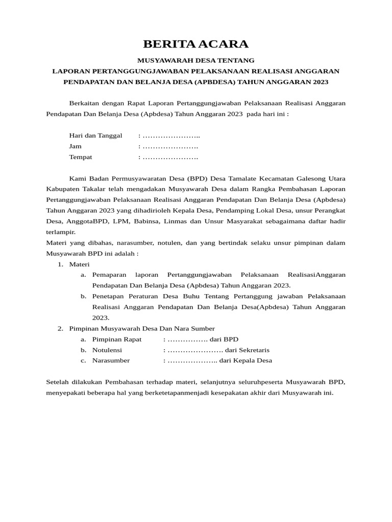 Contoh Berita Acara BPD Dan Pemdes Realisasi Anggaran | PDF