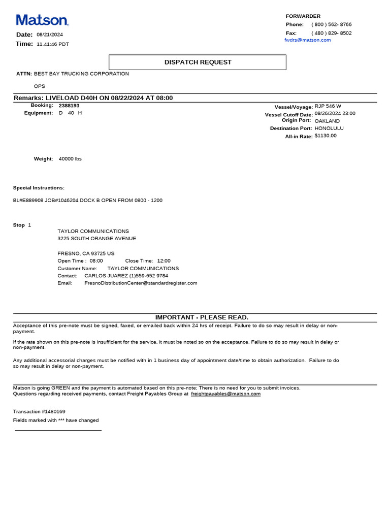 Dispatch Request for Honolulu Shipment | PDF