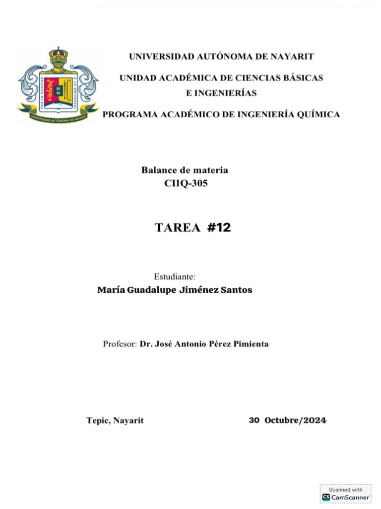 Tarea 12 Balance de Materia UAN | PDF