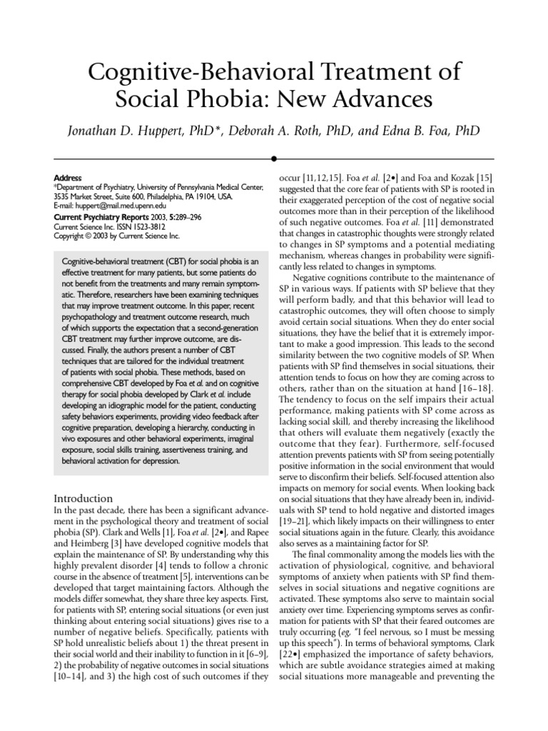 Huppert, Roth, & Foa (2003) - Cognitive-Behavioral Treatment of Social Phobia. New Advances ...