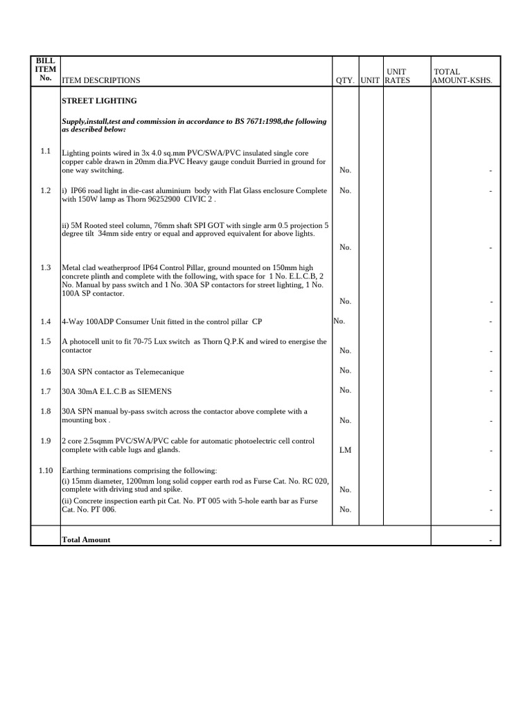 Street Lighting BoQ Blank BoQ 1 | PDF | Components | Electrical Components