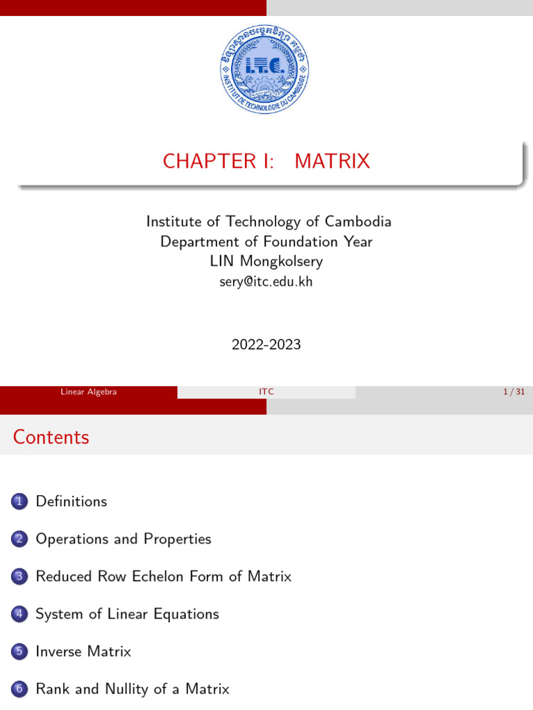 Linear Algebra Ch1 (2022 23) | PDF | Matrix (Mathematics) | Mathematical Concepts