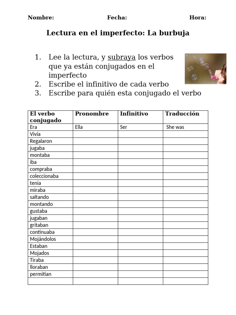 Burbujas Lectura en El Imperfecto | PDF