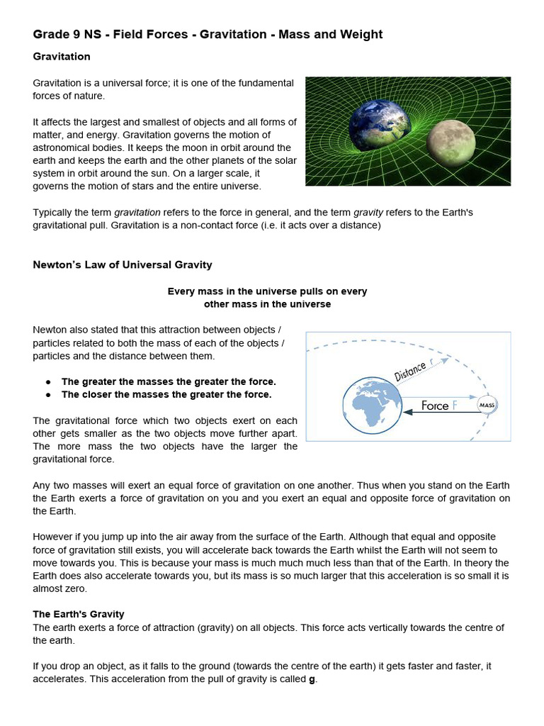 Grade 9 NS Forces 5 Field Forces Gravitation Mass and Weight | PDF ...