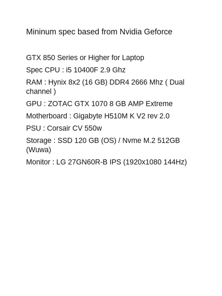 Mininum Spec Based From Nvidia Geforce | PDF