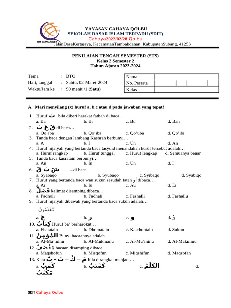 PTS BTQ Kelas 2 - Sem2 | PDF