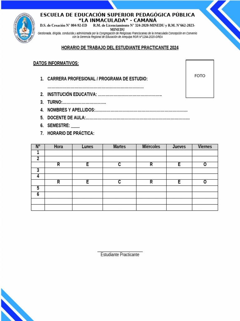 Horario de Trabajo Del Estudiante Practicante | PDF