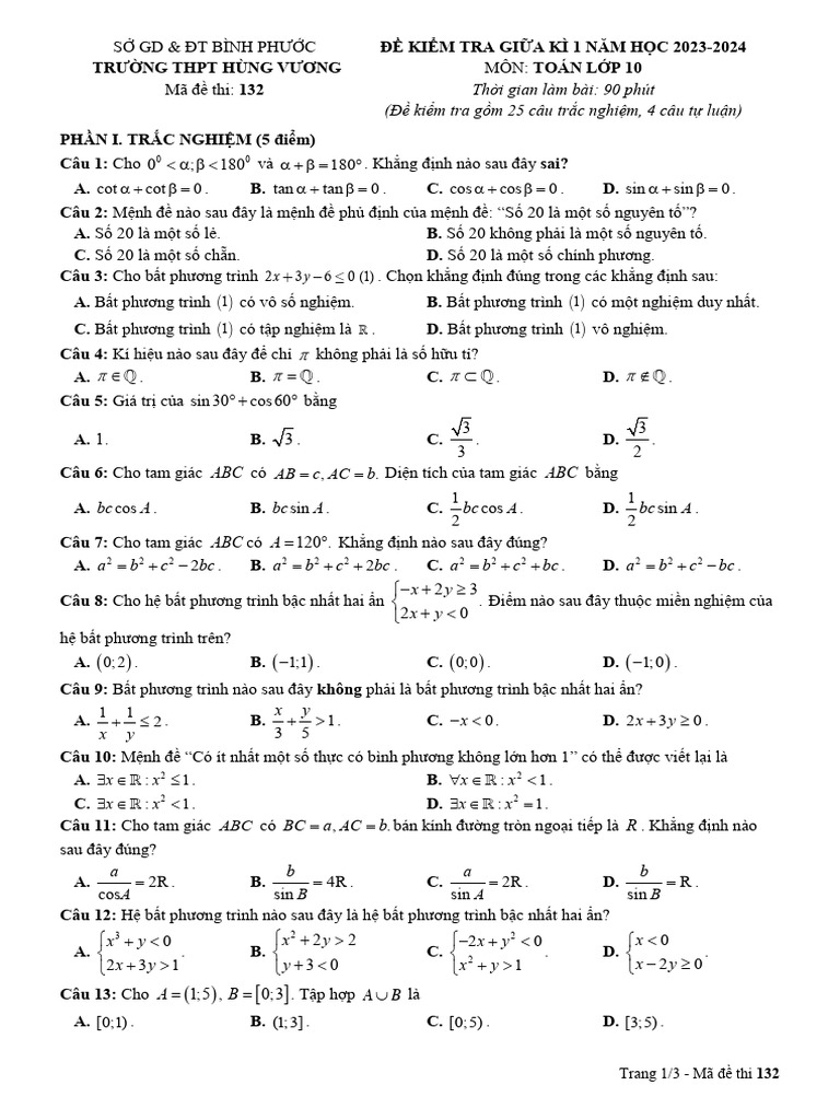 De Giua Ki 1 Toan 10 Nam 2023 2024 Truong THPT Hung Vuong Binh Phuoc | PDF
