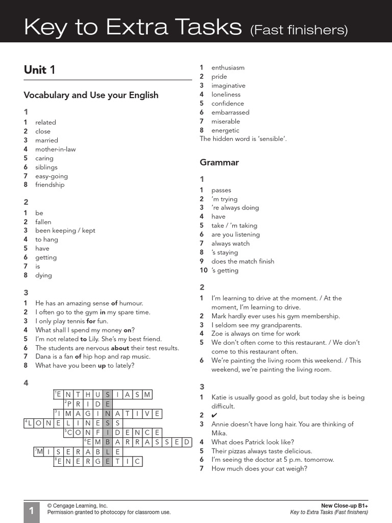 b1 Extra Tasks Fast Finishers Answer Key 0 | PDF