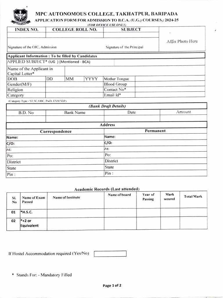 BCA Admission Form 2024-25 | PDF