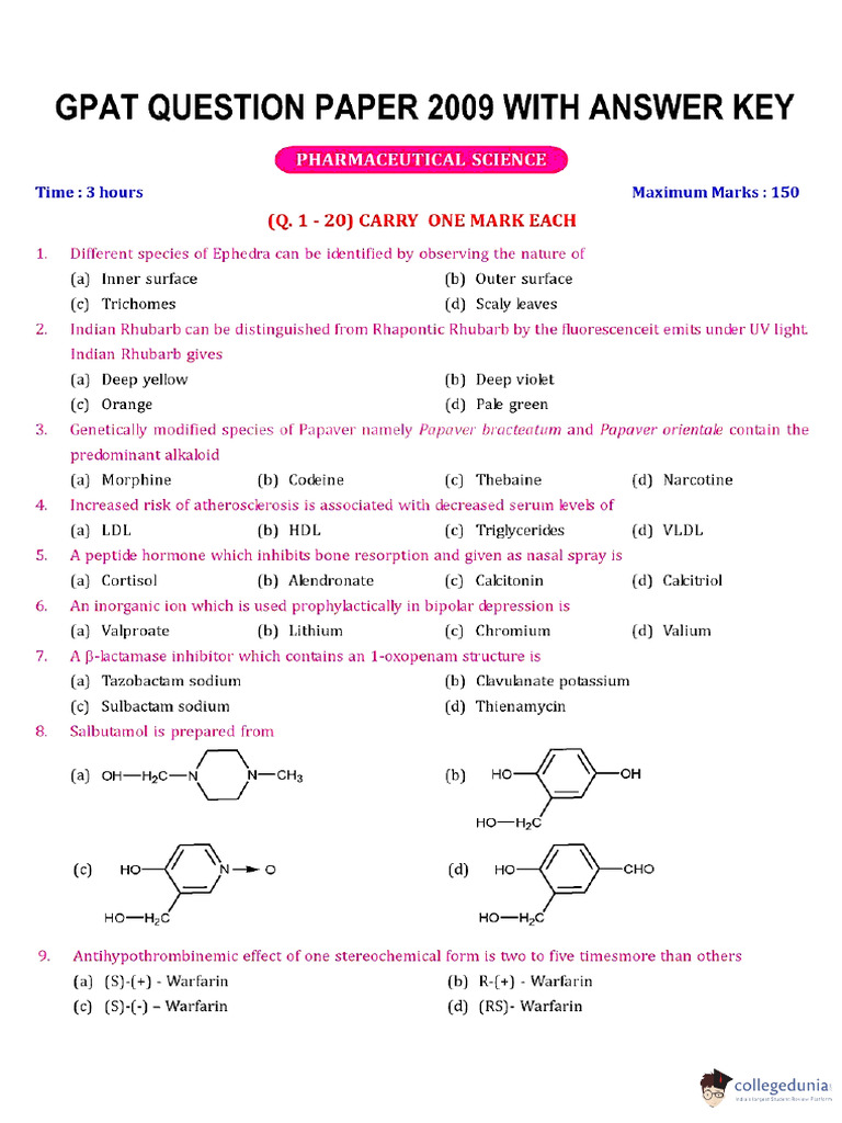 GPAT 2009 Question Paper With Answer Key | PDF
