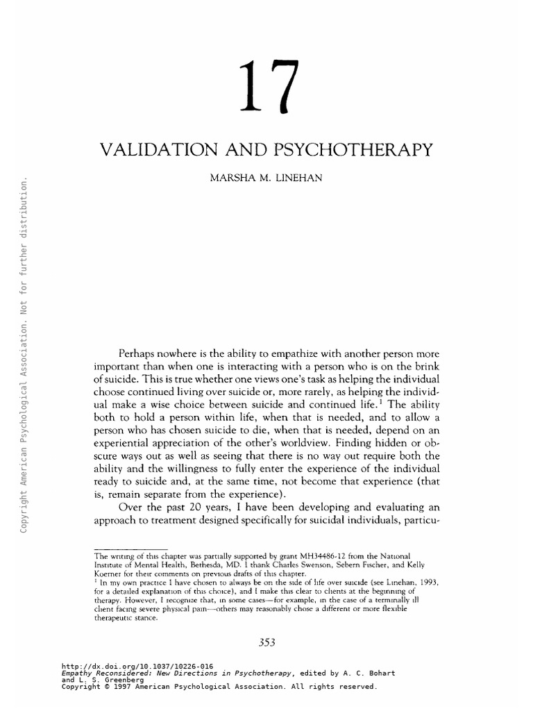 Validation and Psychotherapy: Marsha M. Linehan | PDF | Psychotherapy | Empathy