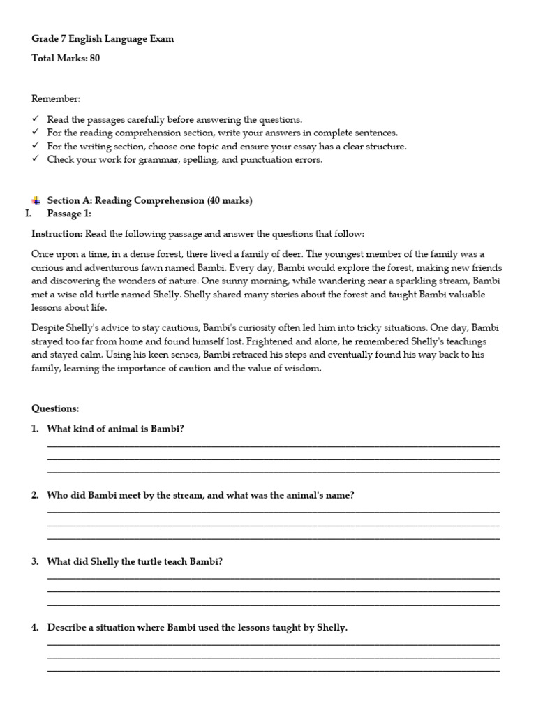 Grade 7 English Language Exam | PDF