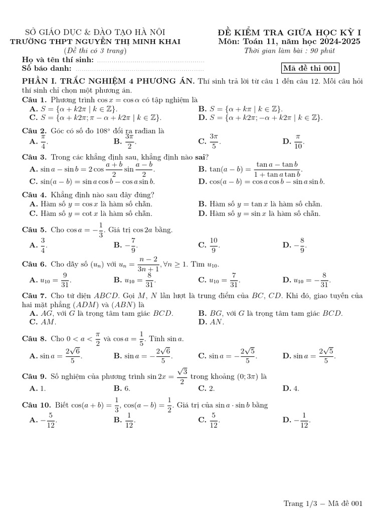 De Giua Hoc Ky 1 Toan 11 Nam 2024 2025 Truong THPT Nguyen Thi Minh Khai Ha Noi | PDF