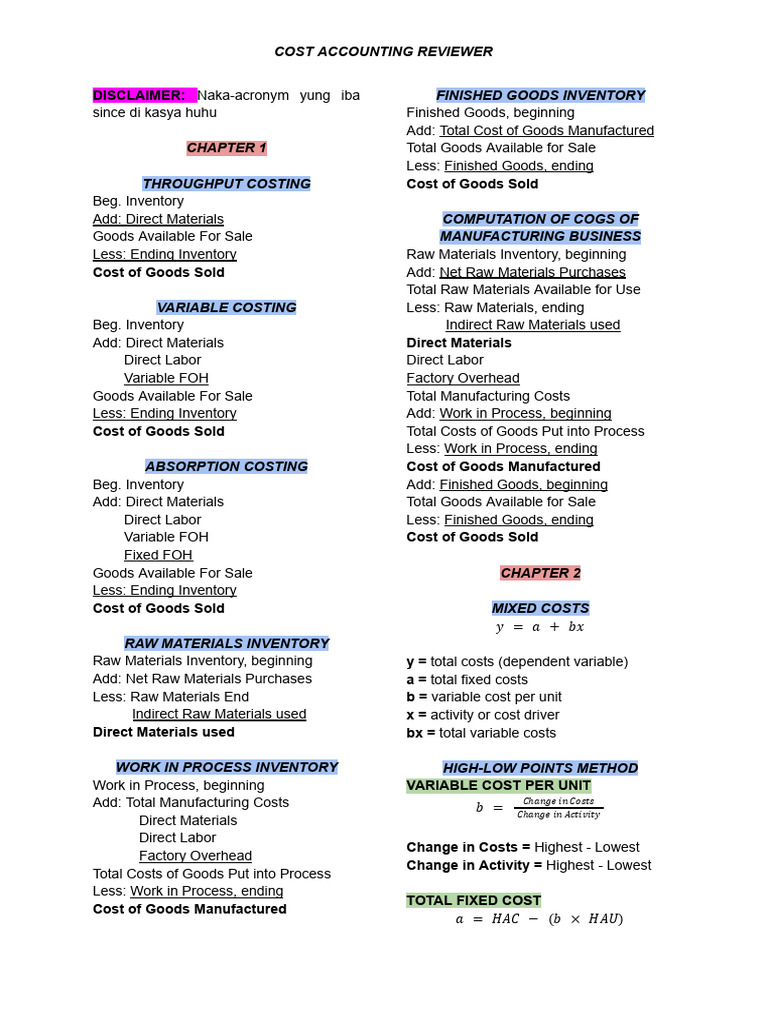 Cost Accounting Reviewer - Formulas | PDF | Cost Of Goods Sold | Inventory