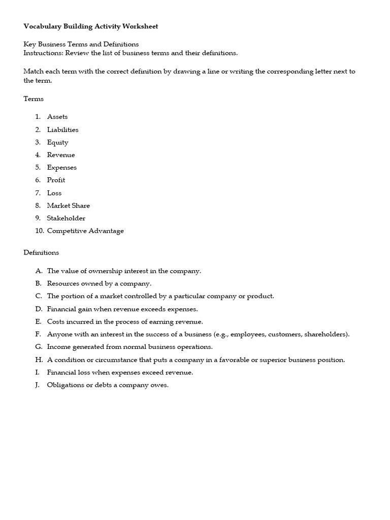 Vocabulary Building Activity Worksheet | PDF