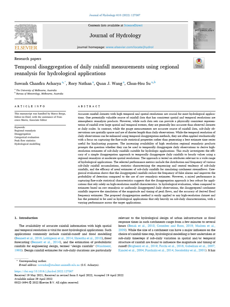 Acharya Et Al. - 2022 - Temporal Disaggregation of Daily Rainfall Measurements Using Regional ...
