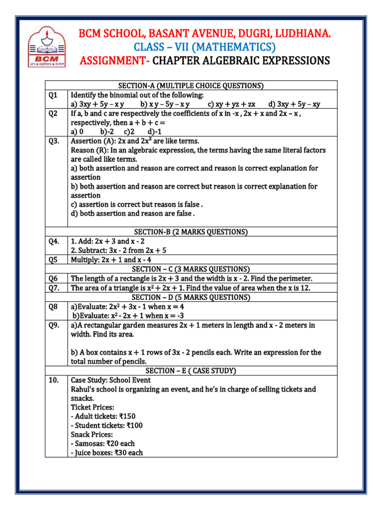 Class 7 Algebraic Expressions Chapter End Assignment | PDF | Teaching ...
