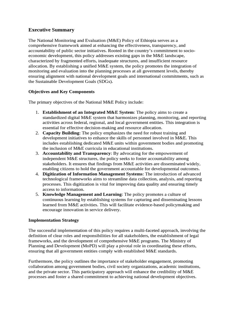 Executive Summary of The National M&E Policy | PDF | Policy ...