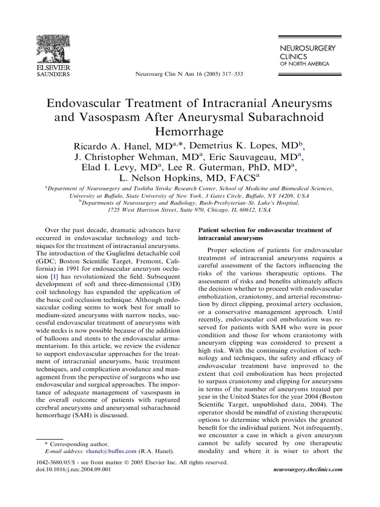 317 - Endovascular Treatment of Intracranial Aneurysms and Vasospasm After Aneurysmal ...