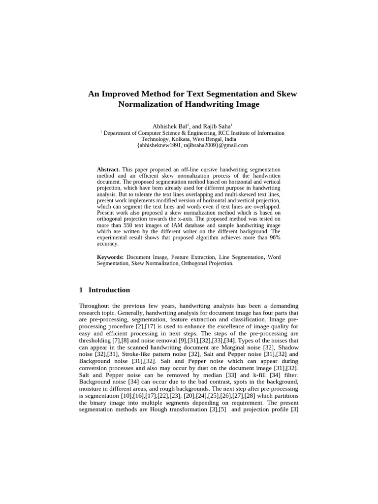 Camera Ready Copy An Improved Method For Text Segmentation and Skew Normalization of Handwriting ...