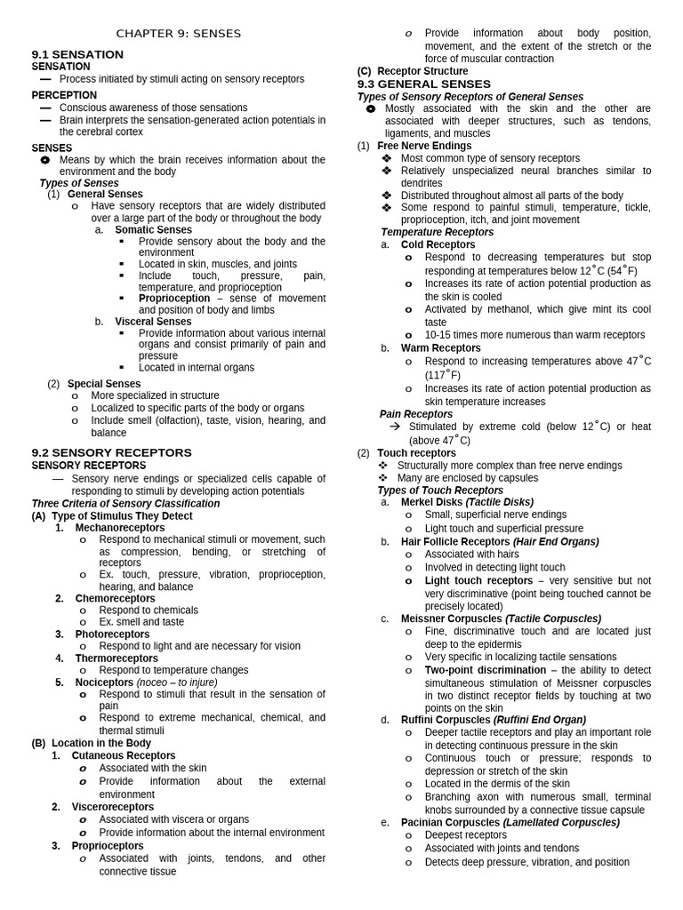 Anaphy (Chapter 9) 1SemFinals | PDF | Senses | Somatosensory System