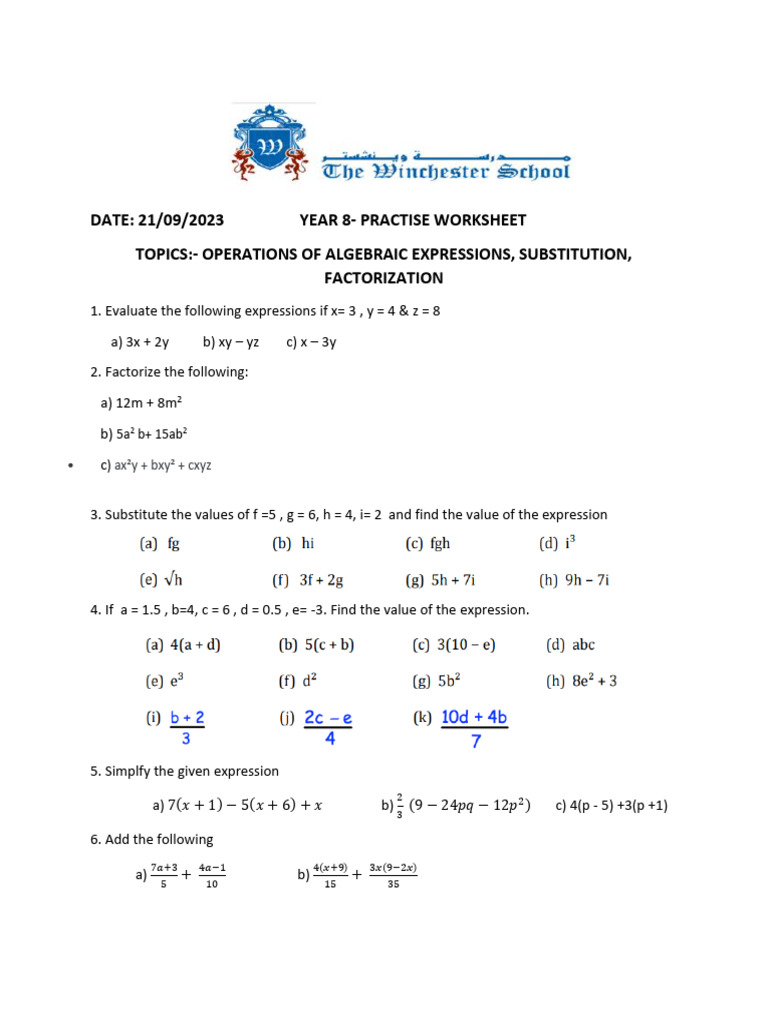 Year 8 Algebra Practice Worksheet | PDF