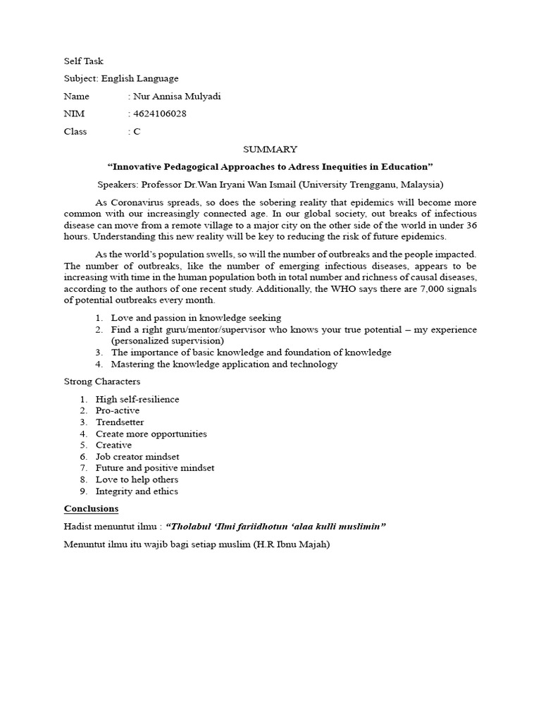 Self Task Summary (Nur Annisa Mulyadi, Class C) | PDF | Self-Improvement