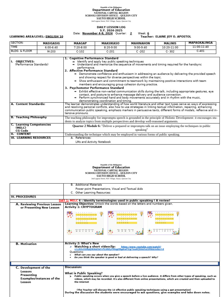 DLL Q2W6 Nov 4 8 2024 | PDF | Public Speaking | Learning
