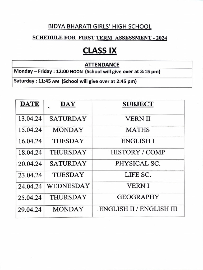 Class 9 First Term Assessment - 2024 | PDF