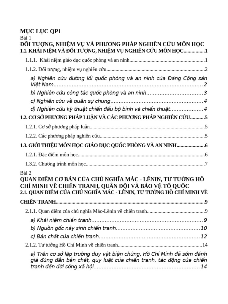 Mục Lục Qp1: Đối Tượng, Nhiệm Vụ Và Phương Pháp Nghiên Cứu Môn Học | PDF